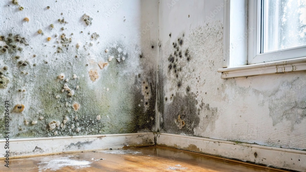 A stock photo showing gray mold and fungus on the wall with water ...