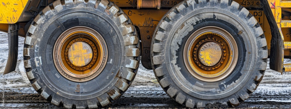 Banner of Tires close up. A huge wheel with a tire of a dump truck ...