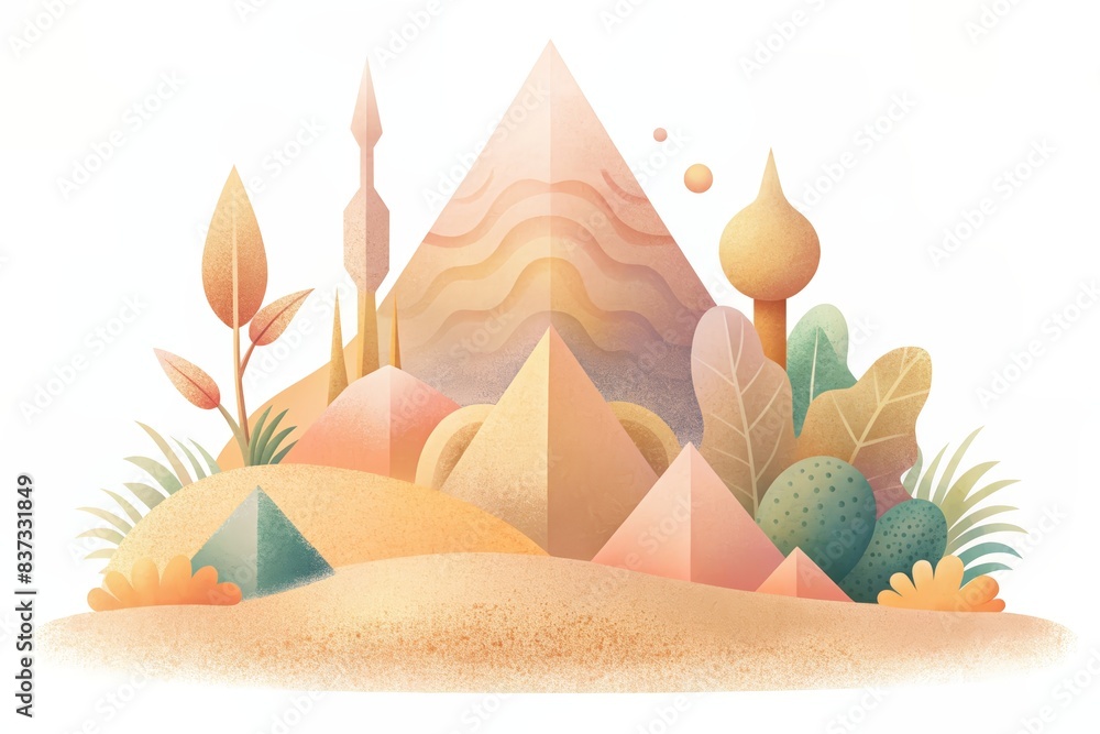 boho garden fantasy with minimalist pyramids and rock piles, designed ...