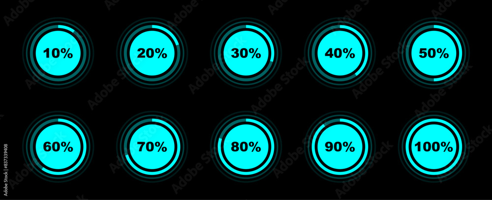 Circle percentage diagrams set. Loading indicator. Download process ...