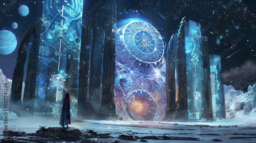 Ornate crystal gate with magical patterns, leading to another dimension ...