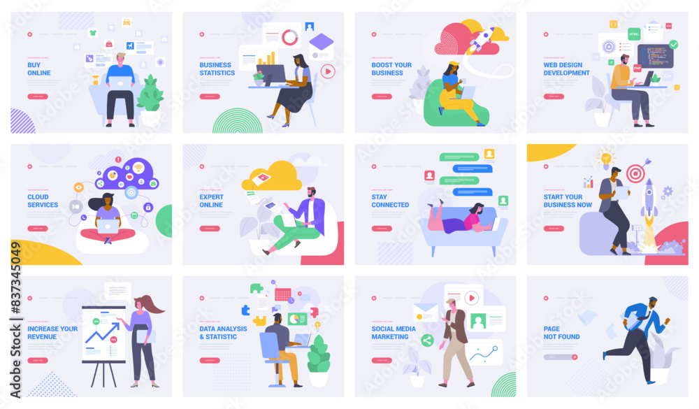 Business concept flat vector illustration set. Young successful ...