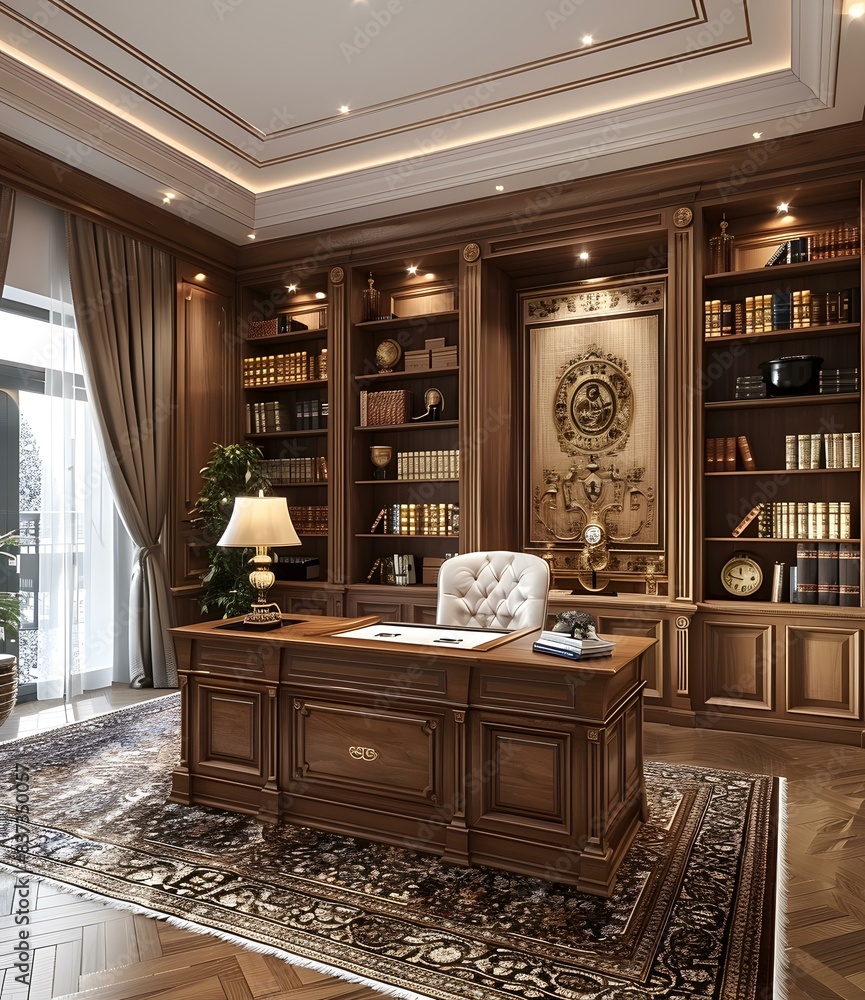 Luxury home office library with wood paneling and coffered ceiling ...