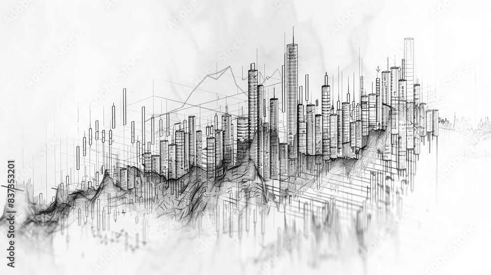 Hand-drawn pencil sketch of a trading candlestick graph in 3D, offering ...