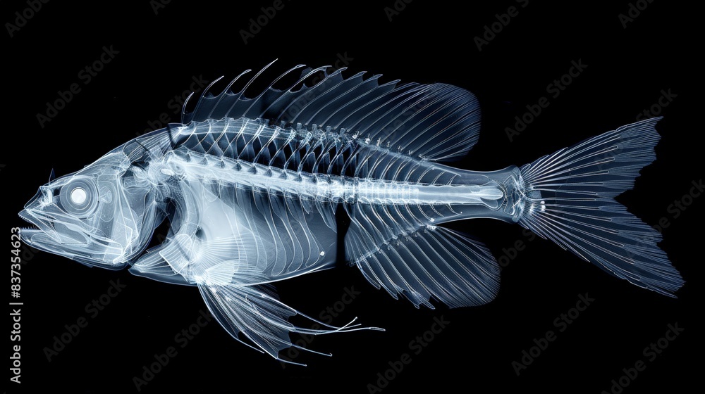 X-ray scan of fish. In the dark, a ghostly fish skeleton emerges, its ...