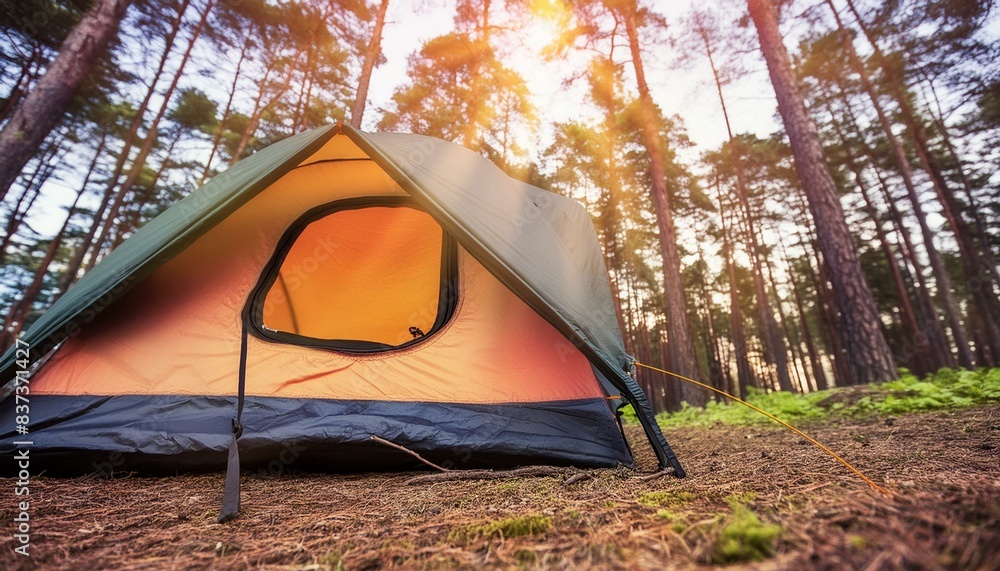 Camping background with blurred forest background and tent. Outdoor ...