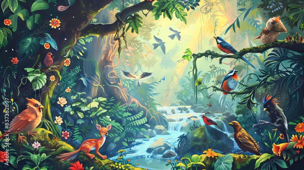 Tropical jungle pattern wallpaper with palm trees plants birds ...