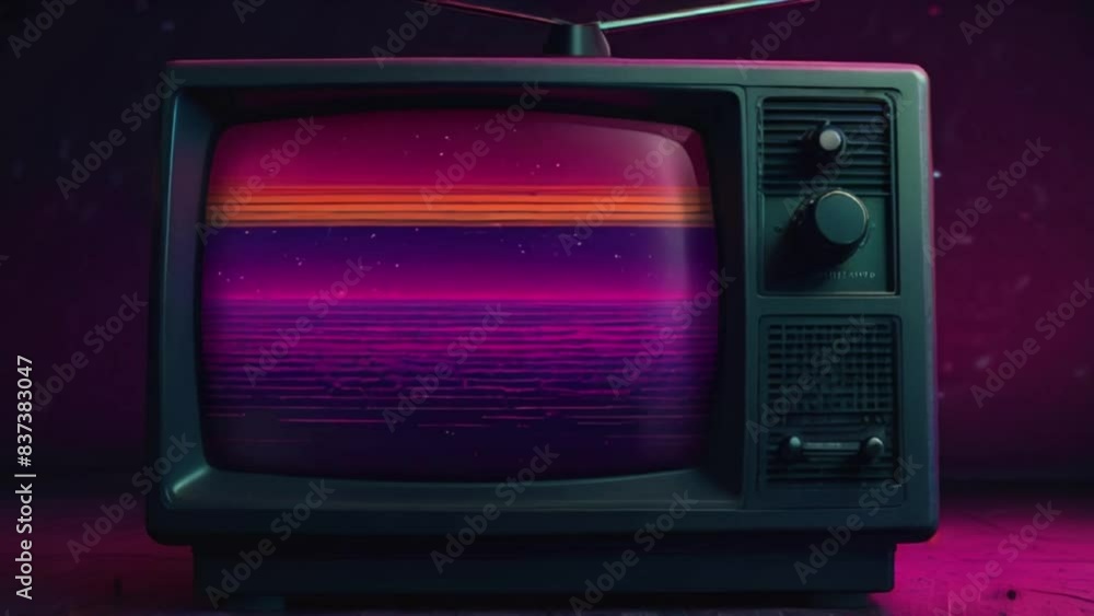 80s Retro wave style background displayed on vintage tv screen. VHS ...
