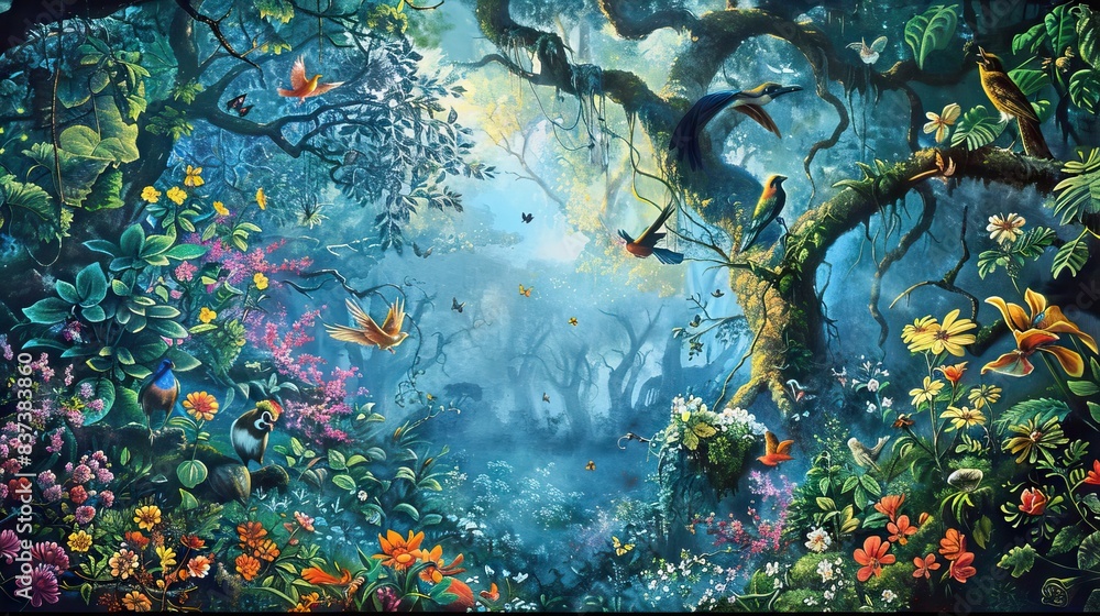 Tropical jungle pattern wallpaper with palm trees plants birds ...