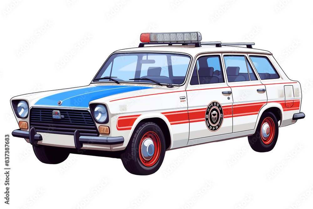 The car is a classic police car from the 1970s. It has a white body ...