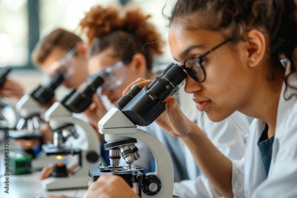 Group of college students performing experiment using microscope in ...