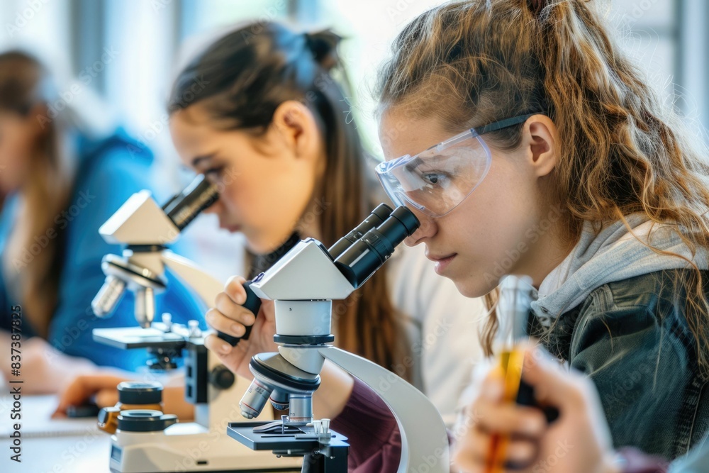Group of college students performing experiment using microscope in science lab. University ...