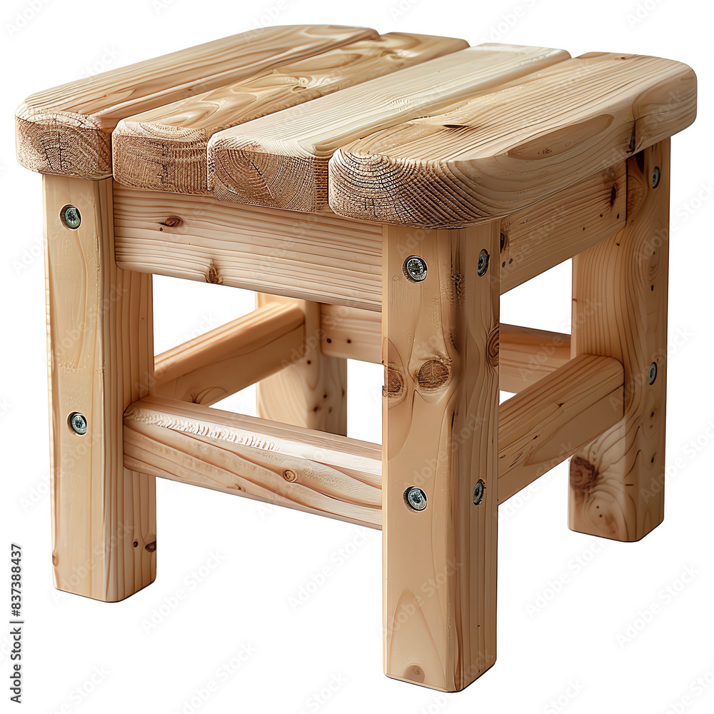 The photo shows a wooden stool with natural wood grain and visible wood ...
