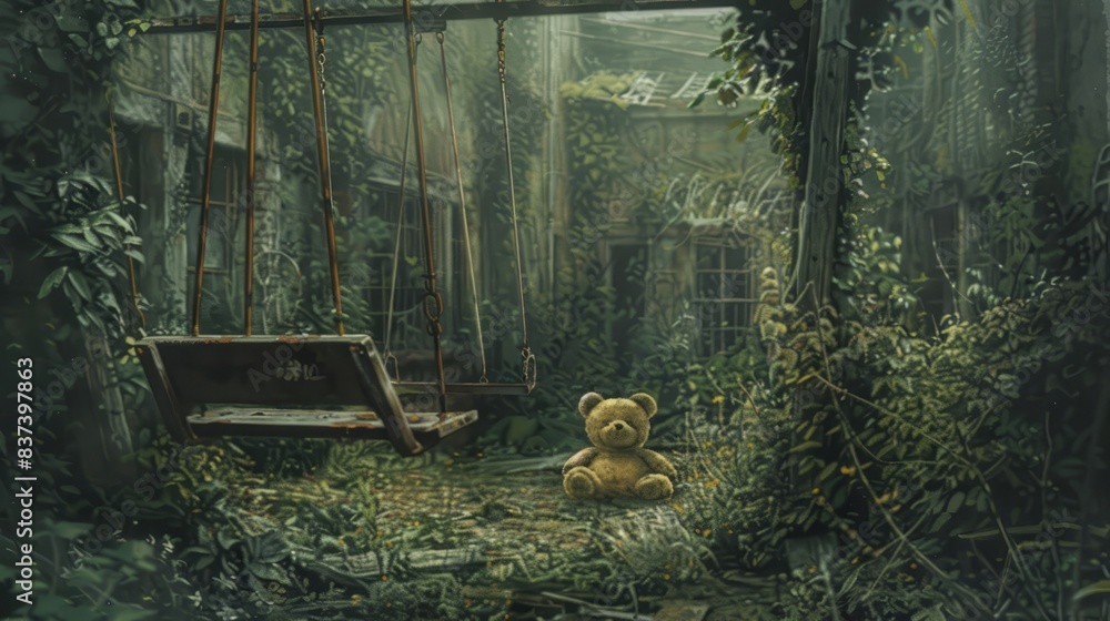 A chilling depiction showcases a derelict playground overtaken by weeds ...