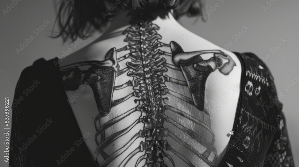 A close-up of a woman's back, her spine subtly arched, with intricate ...