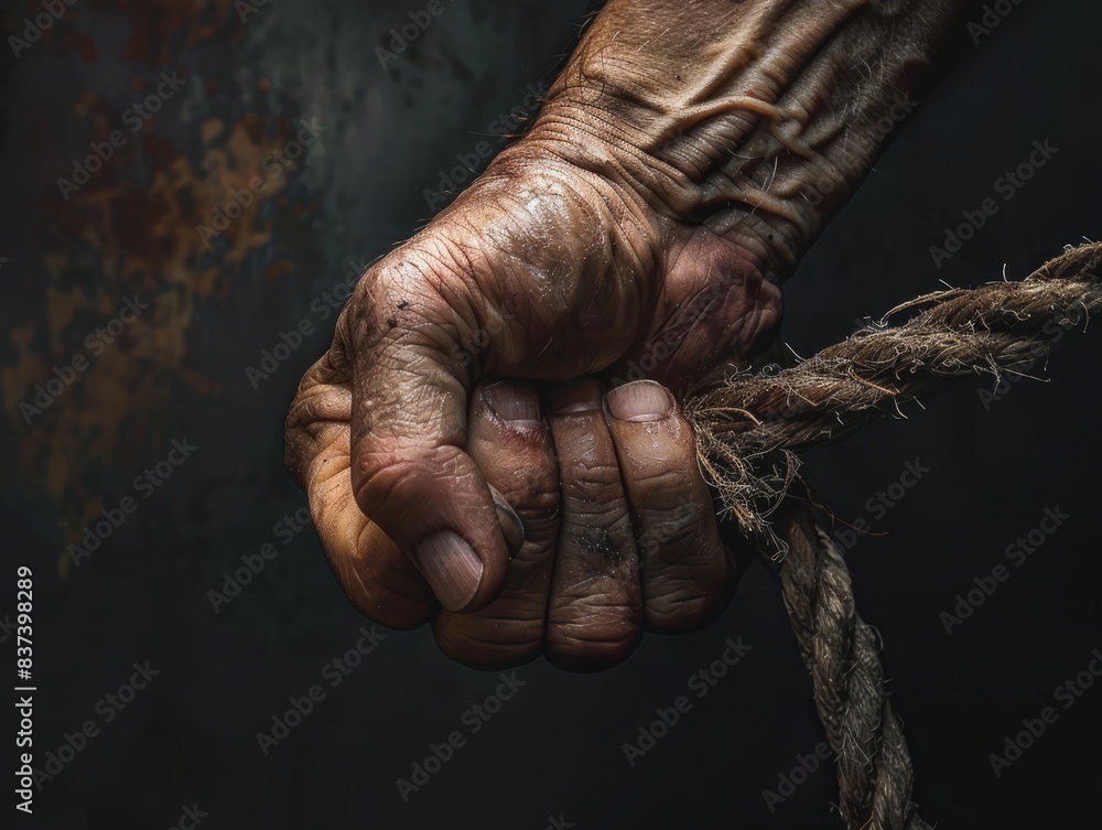 hand firmly grasping a frayed rope, veins and tendons visible beneath ...