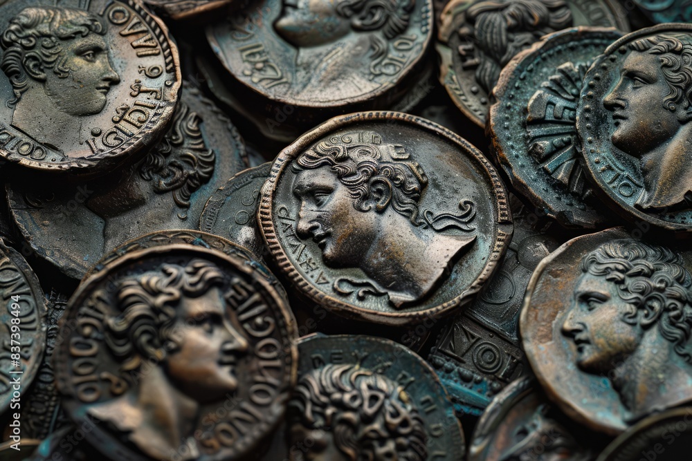 A collection of bronze coins minted during the Punic Wars, bearing the ...