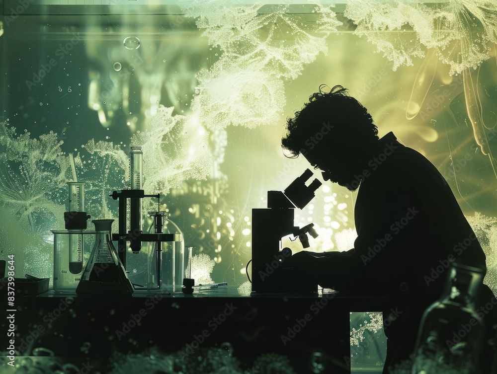 silhouette of a marine biologist studying a phytoplankton bloom under a ...