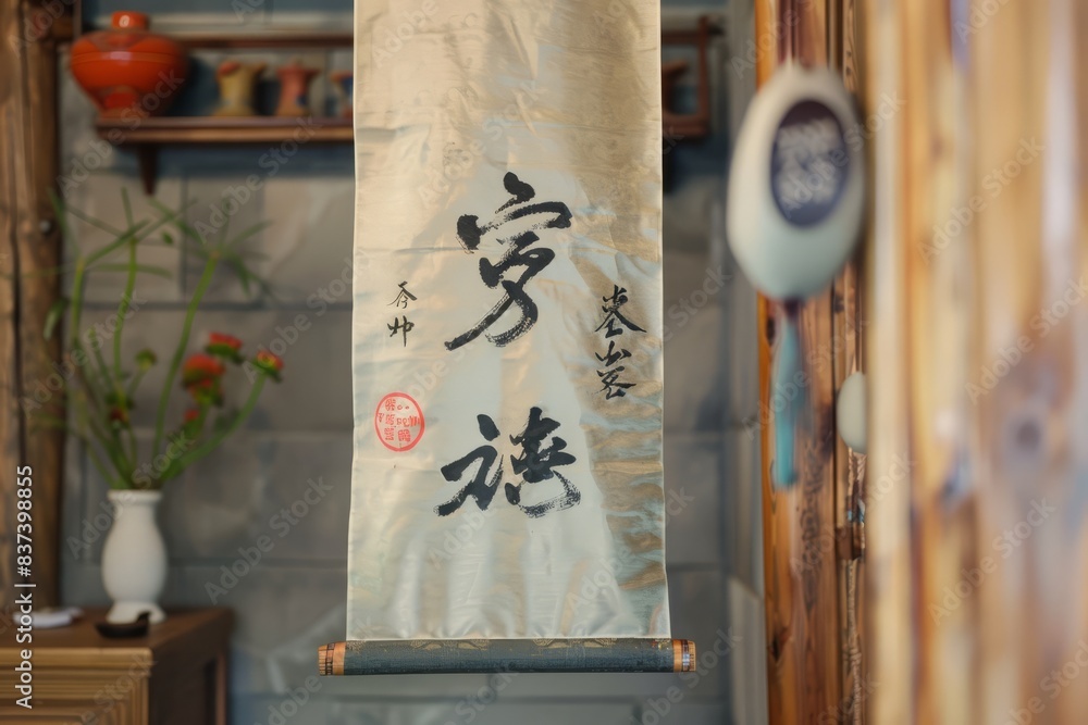 calligraphy on a silk scroll, featuring Chinese characters written in a ...