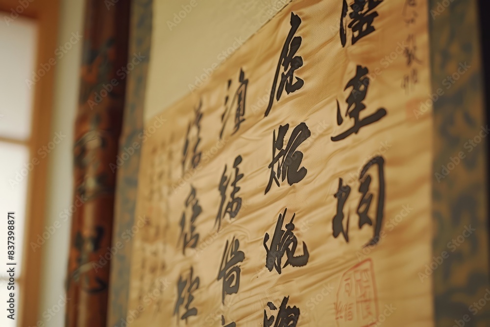 calligraphy on a silk scroll, featuring Chinese characters written in a ...