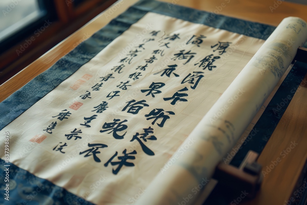calligraphy on a silk scroll, featuring Chinese characters written in a ...