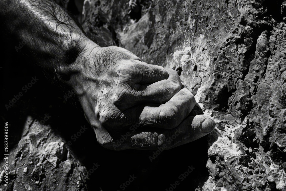 climber chalk-covered hand gripping a rocky ledge, muscles tense with ...