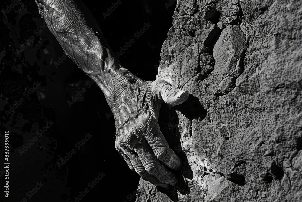 climber chalk-covered hand gripping a rocky ledge, muscles tense with ...
