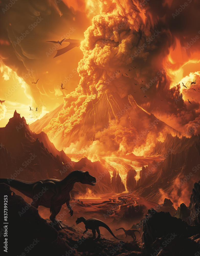 volcanic eruption, with plumes of ash and lava spewing from the crater ...