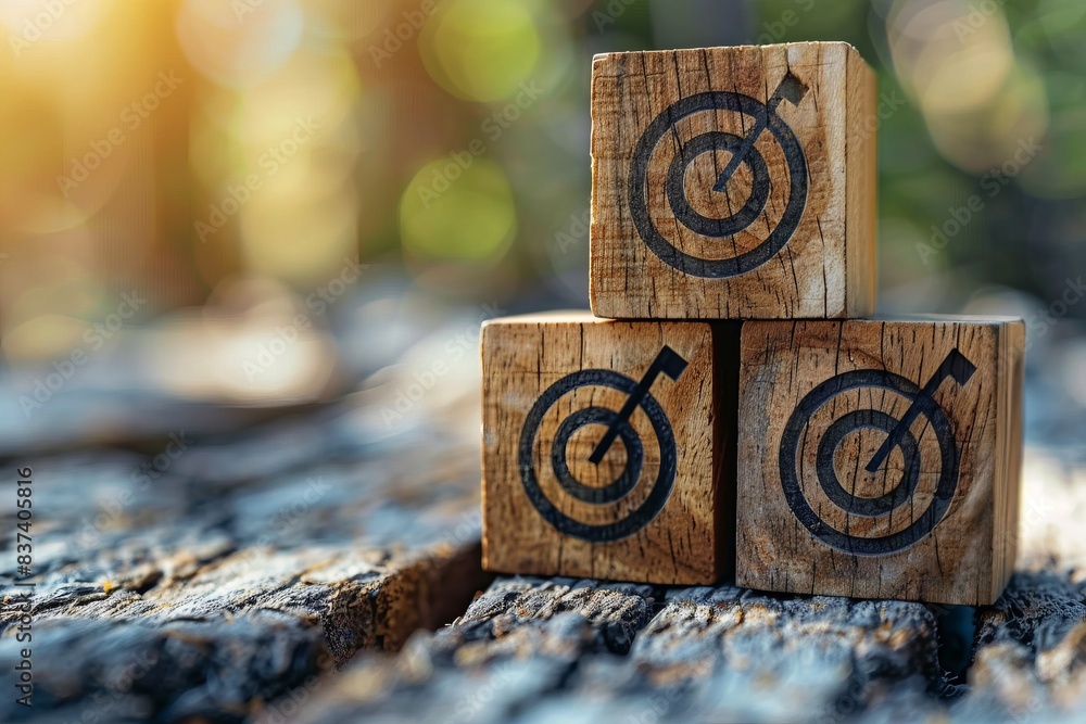 Wooden blocks with target symbols stacked on rough wood surface, background of green bokeh light ...