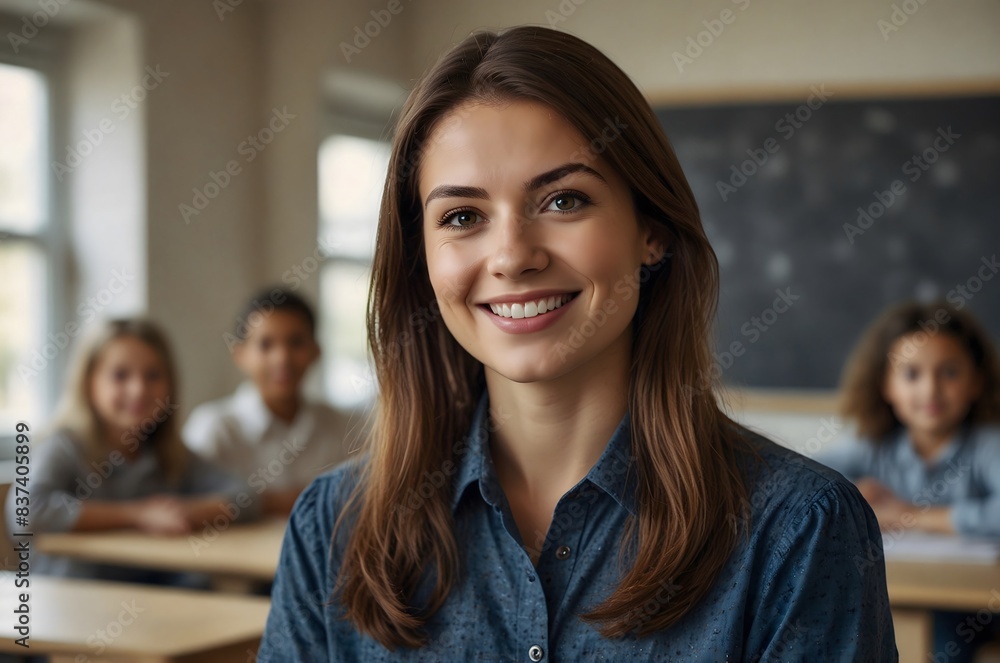 Portrait of a woman school teacher in her classroom with kids in ...