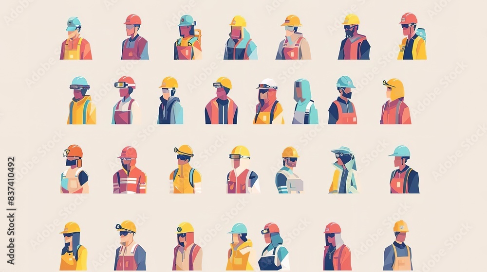 Set of diverse construction worker avatars in various outfits and ...
