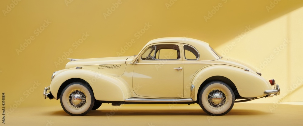 Elegant side view of a classic cream vintage car with distinctive ...