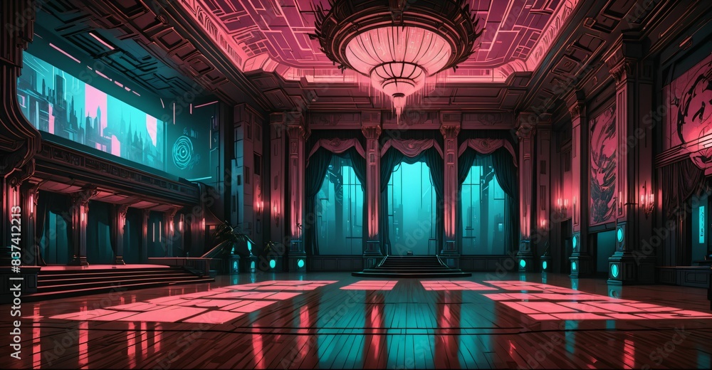 cyberpunk palace ballroom theatre hall. futuristic abandoned sci-fi ...