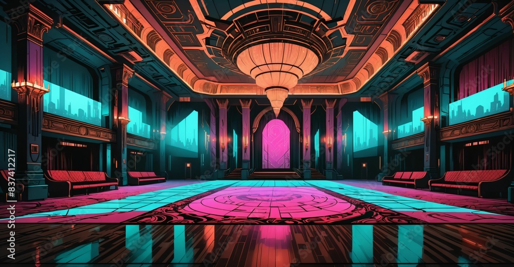 cyberpunk palace ballroom theatre hall. futuristic abandoned sci-fi ...
