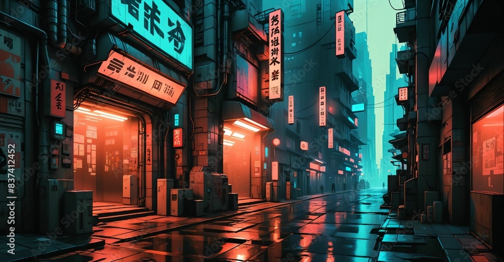 Cyberpunk Futuristic Sci Fi City Street Road With Shops And Tall