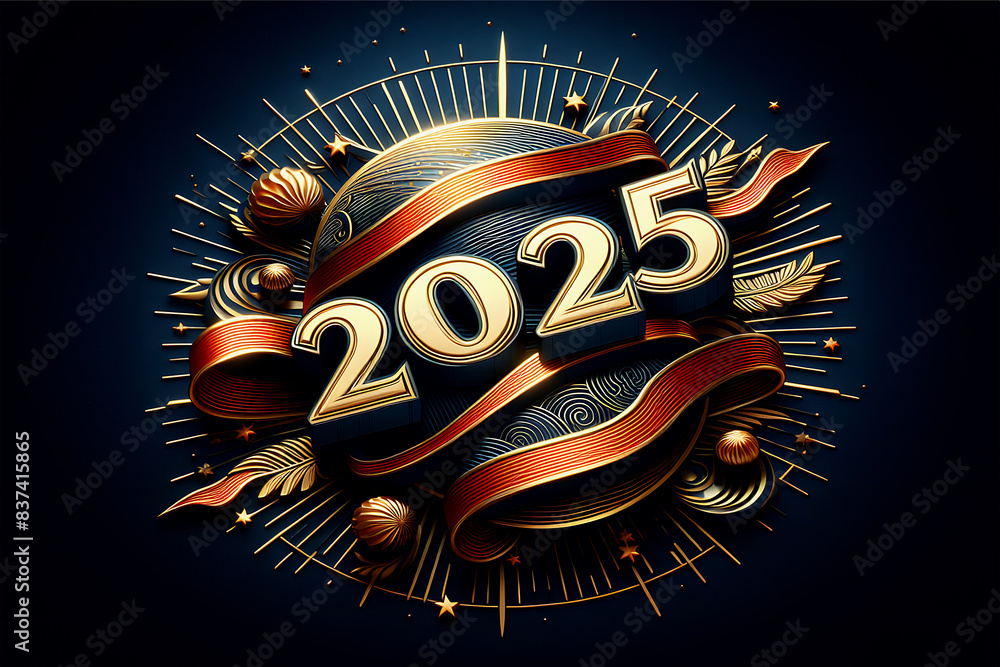 Stylized Gold and Black Numerals with red and dark blue ribbons ...