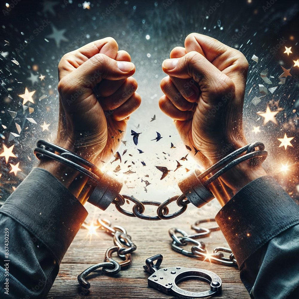 Hands in fists breaking the chain of shackle cuffs freedom concept ...