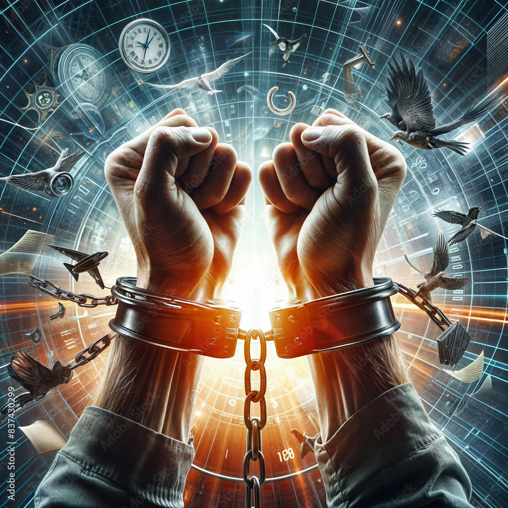 Hands in fists breaking the chain of shackle cuffs freedom concept ...