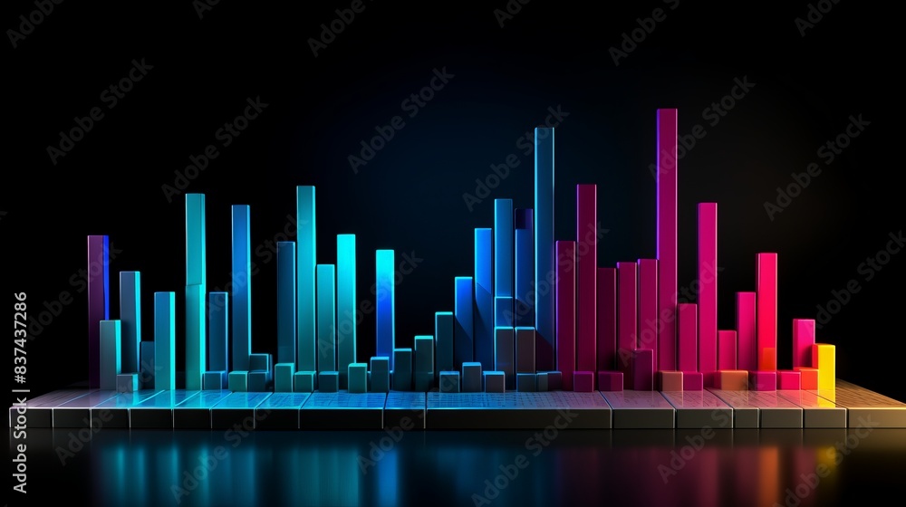 Vibrant 3D bar chart with neon colors representing statistical data ...