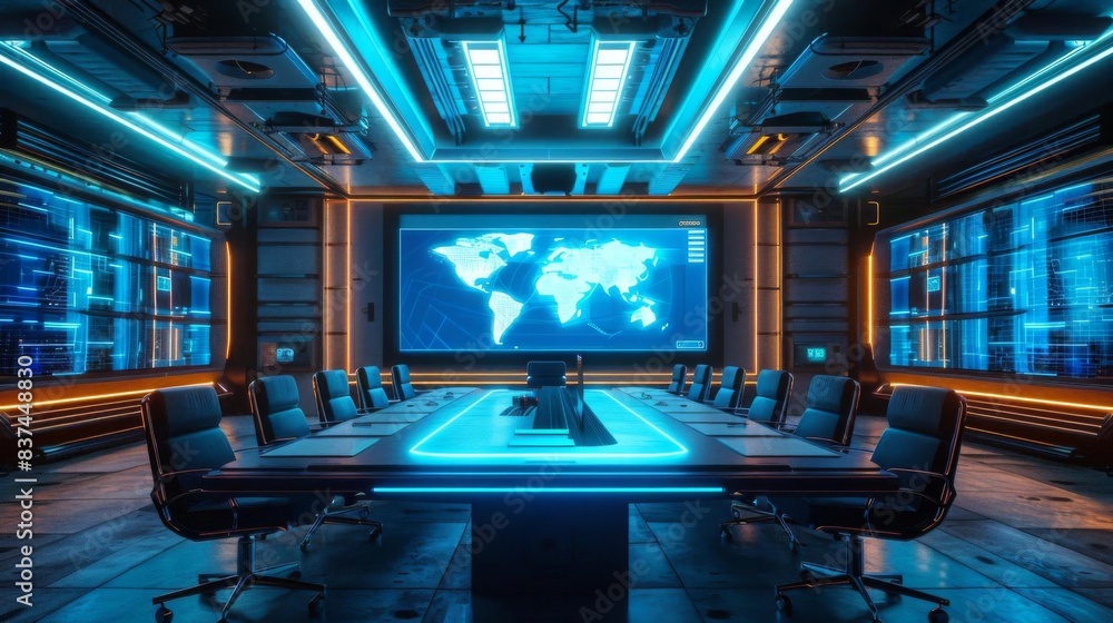 High-tech futuristic conference room with blue lighting, sleek ...