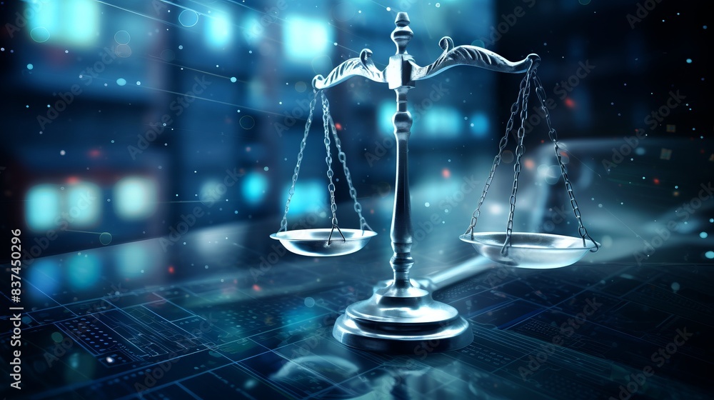 Justice scale against a futuristic blue background symbolizing digital ...