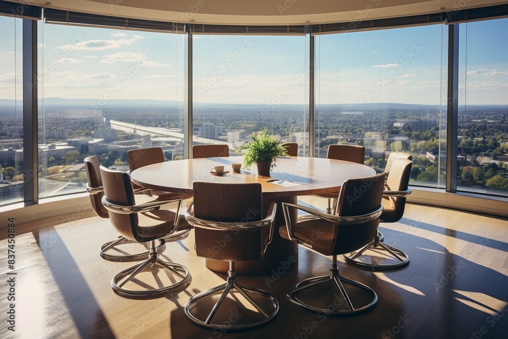 Panoramic view from a modern office conference room with large windows ...