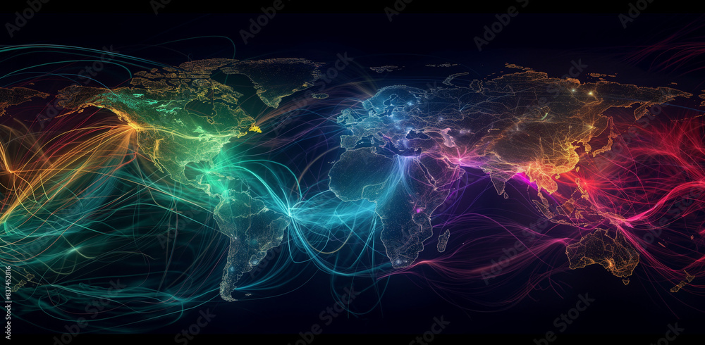 a colorful world map with glowing lines connecting different parts of ...