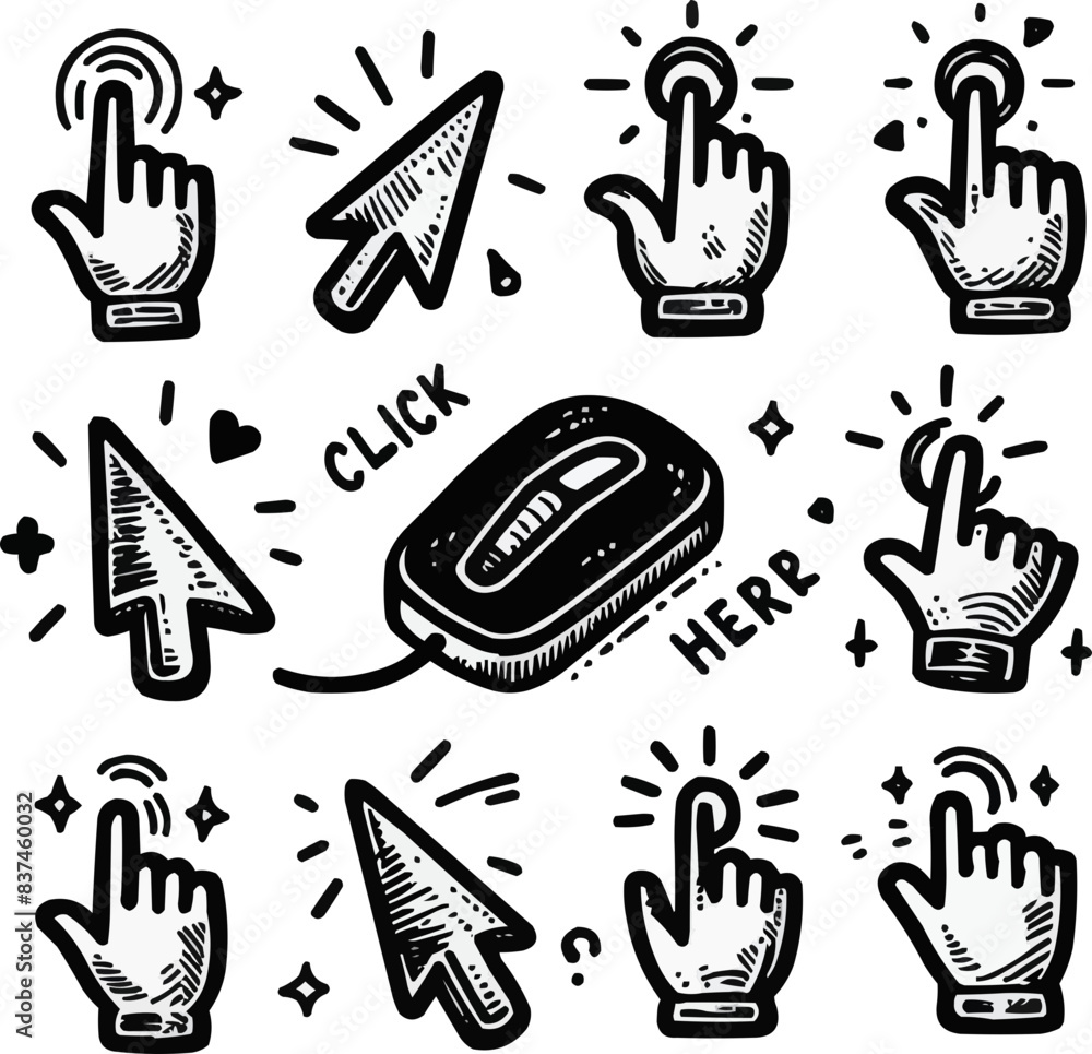 Doodle click icon set. Hand drawn mouse cursor. Press here tap button ... Doodle click icon set. Hand drawn mouse cursor. Press here tap button ...