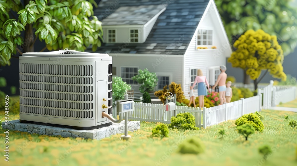 An air conditioning unit depicted in a suburban setting beside a ...