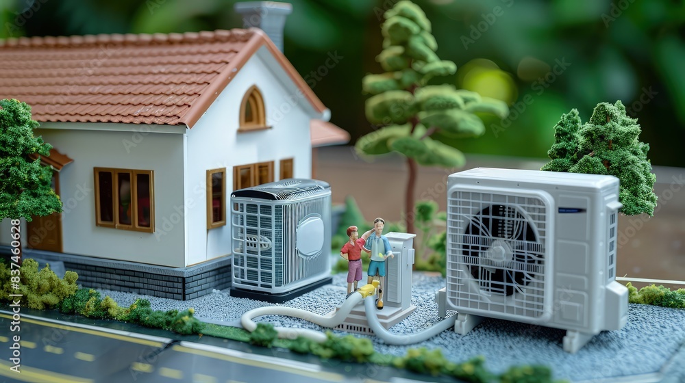 An air conditioning unit depicted in a suburban setting beside a ...
