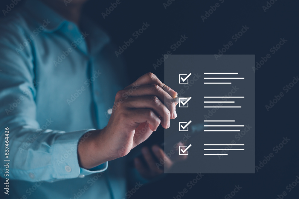 Check list concept. Businessman tick off questionnaire, survey, test ...