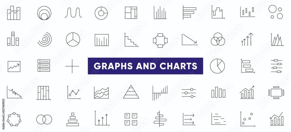 Growing bar graph line icon set. Business graphs and charts icons, line ...