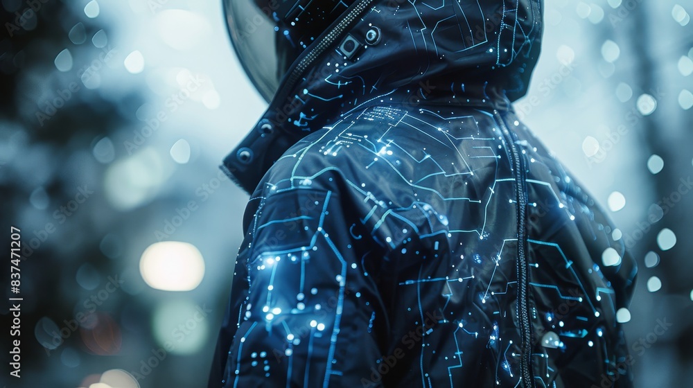 Detailed view of a cutting-edge smart jacket, showcasing nanotech ...