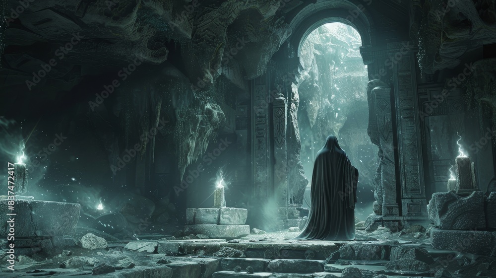 Enigmatic cave filled with magical artifacts, glowing runes on the ...